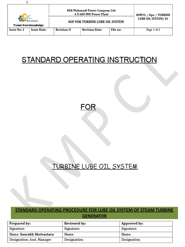 Standard Operating Instruction: Turbine Lube Oil System | PDF | Pump ...