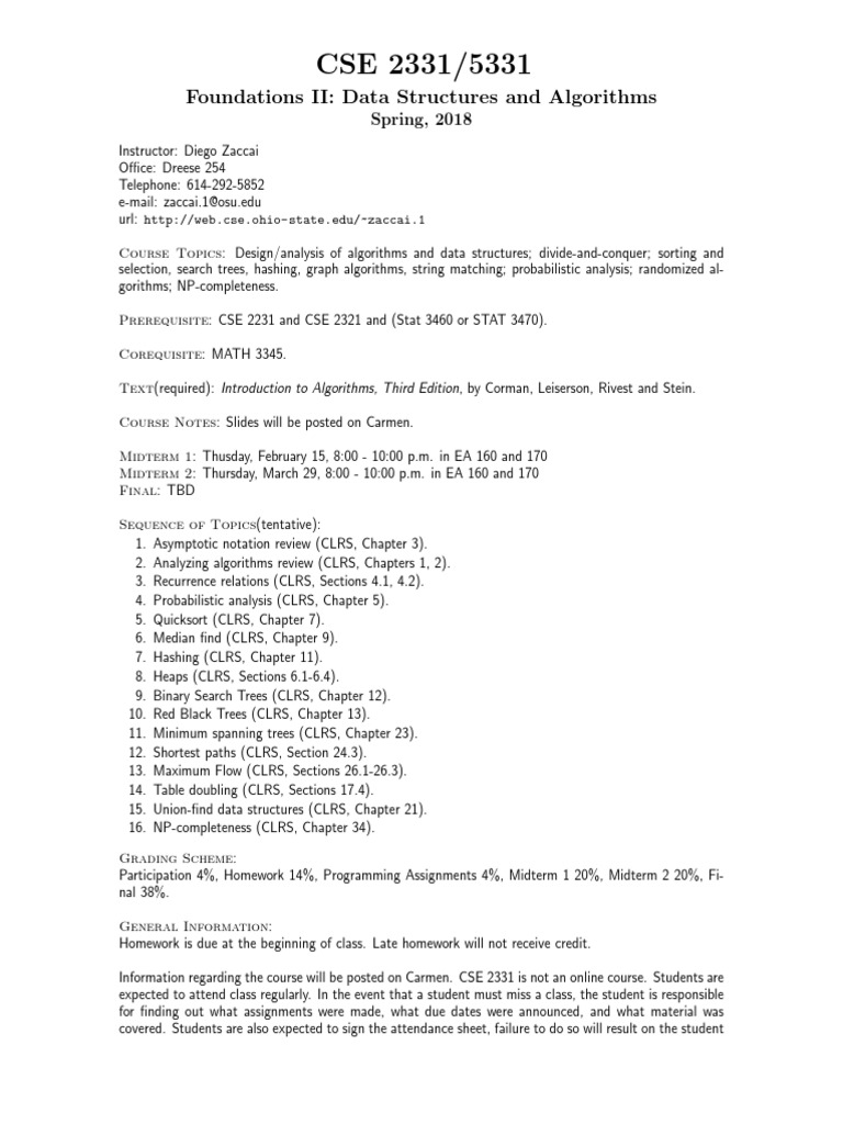 OSU CSE 2331 (Foundations II) Syllabus | PDF | Homework | Academic Dishonesty