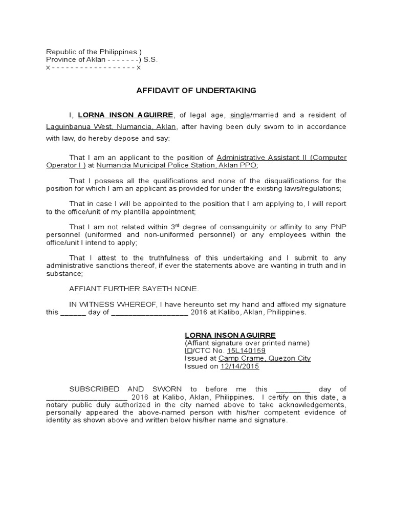 Affidavit of Undertaking