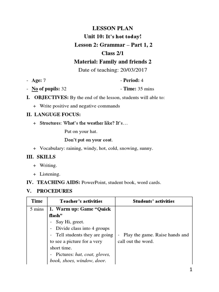 Lesson Plan Unit 10: It's Hot Today! Lesson 2: Grammar - Part 1, 2 ...