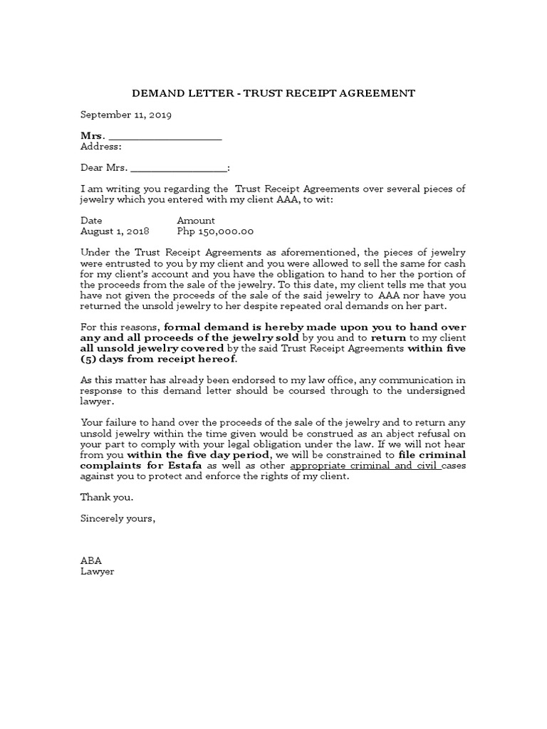 Demand Letter - Trust Receipt Agreement | PDF