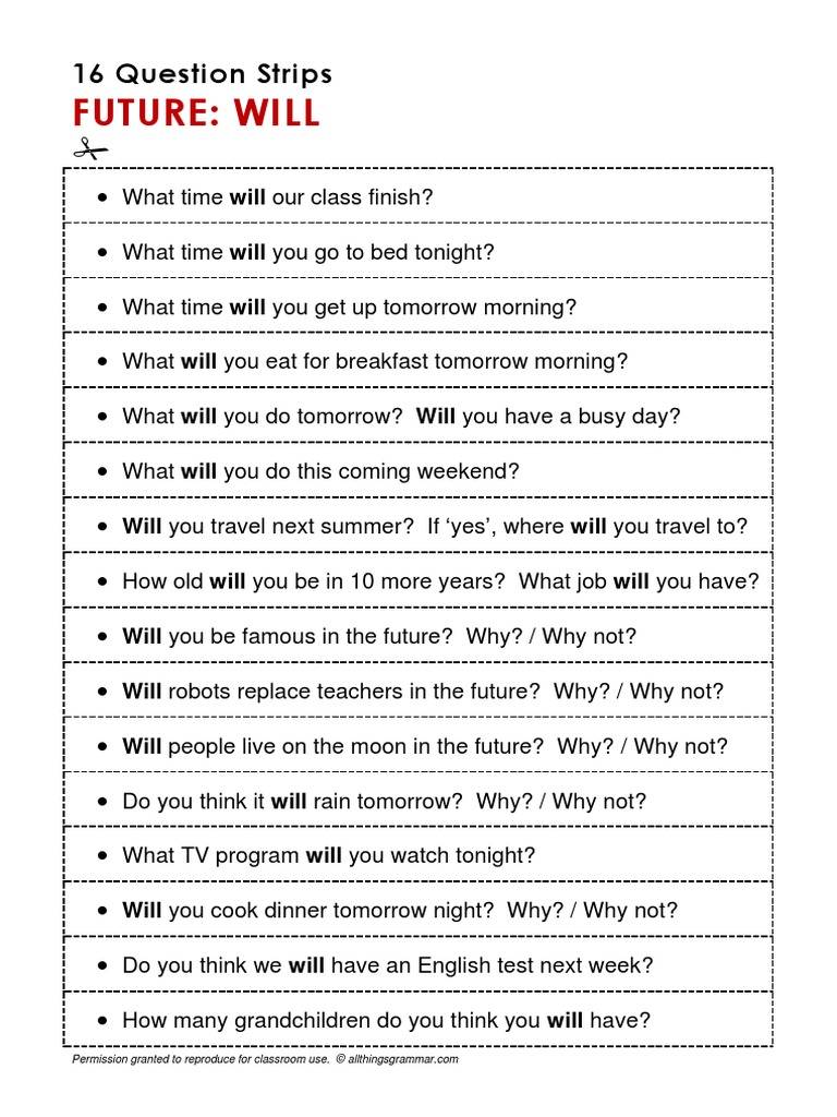Future: Will: 16 Question Strips | PDF | Classroom | Teaching