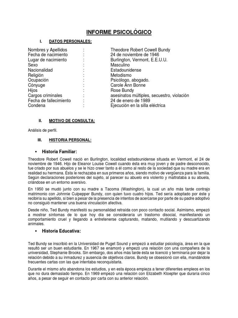Informe Psicológico Ted Bundy | PDF | Sicología | Ciencias del comportamiento