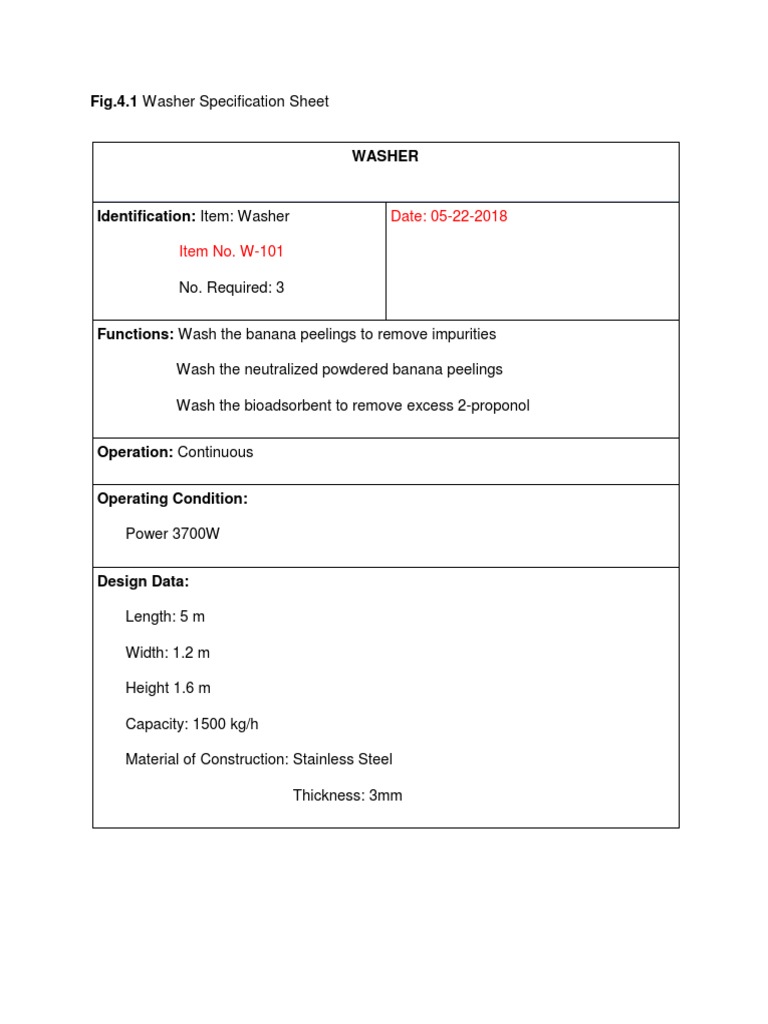 Fig.4.1 Washer Specification Sheet: Date: 05-22-2018 | Download Free ...