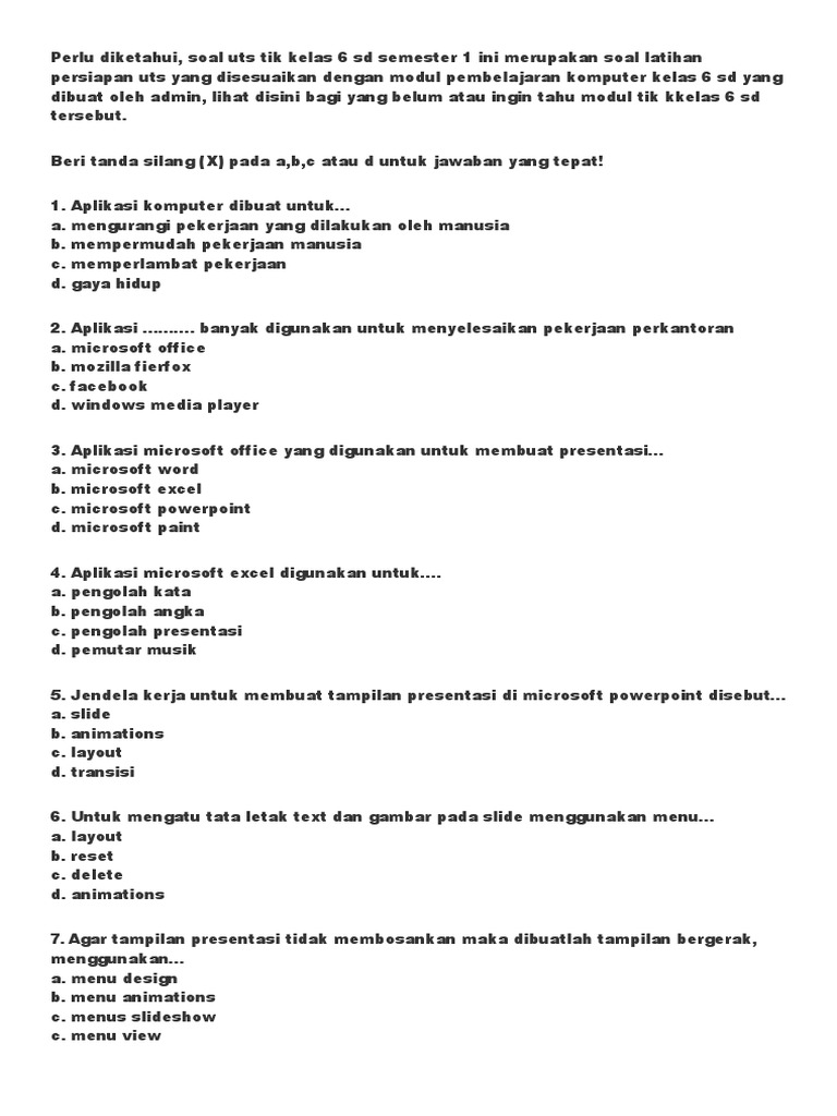 Soal Uts Tik Kelas 6 SD Semester 1 | PDF