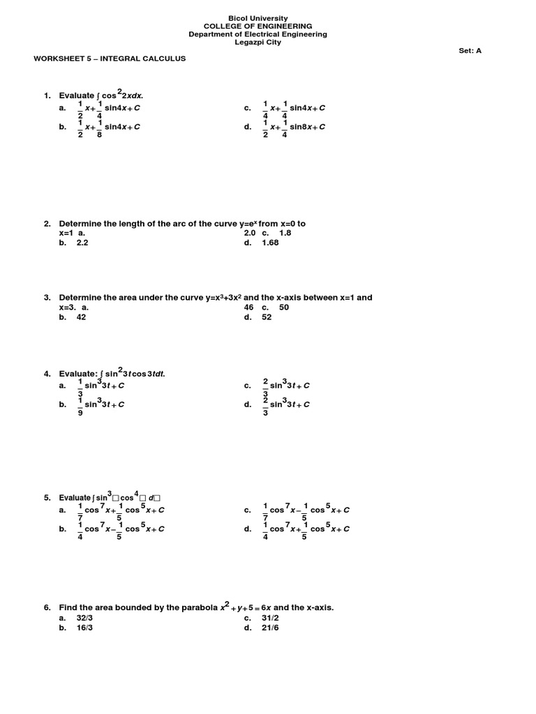 Worksheet on Integral Calculus Problems with Solutions | PDF ...