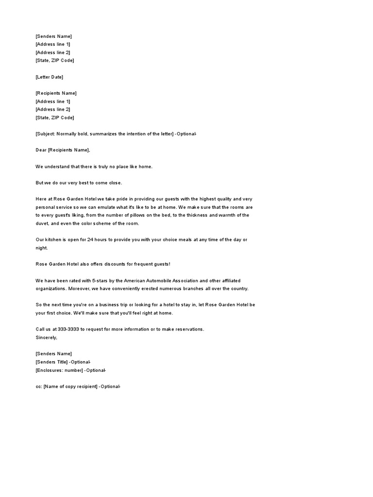 Hotel Sales Letter Template | PDF | Hotel | Hotel And Accommodation