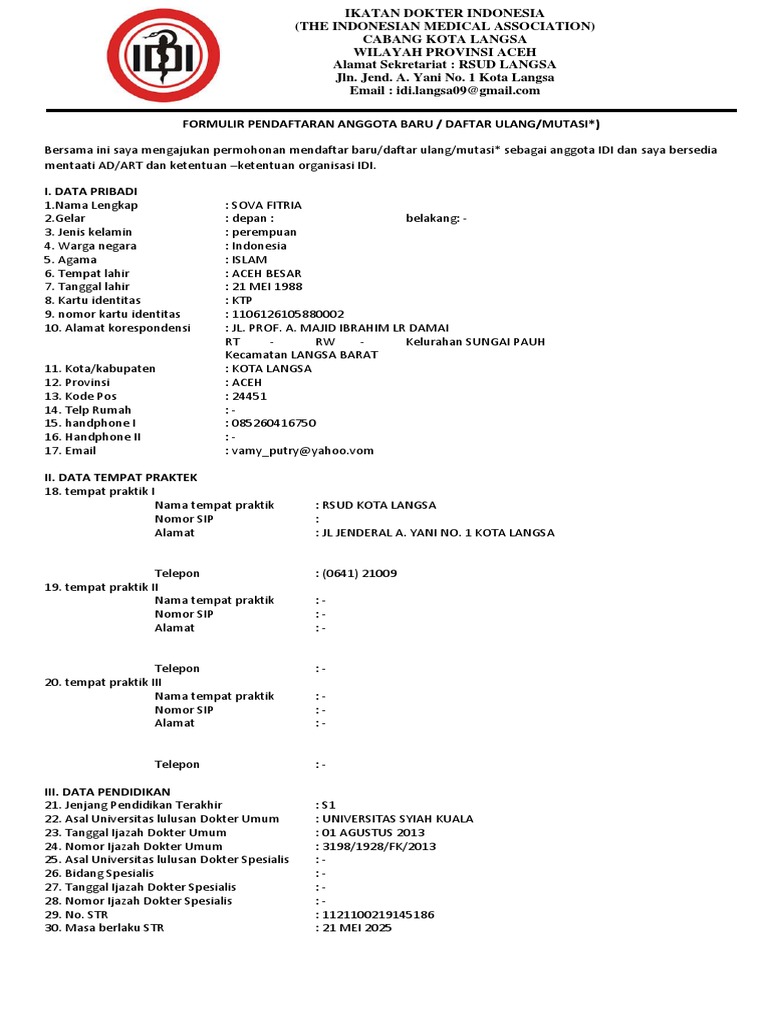 Format Pendaftaran IDI | PDF