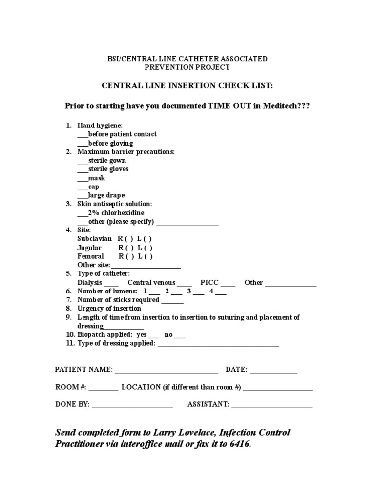 Central Line Insertion Check List: Prior To Starting Have You ...