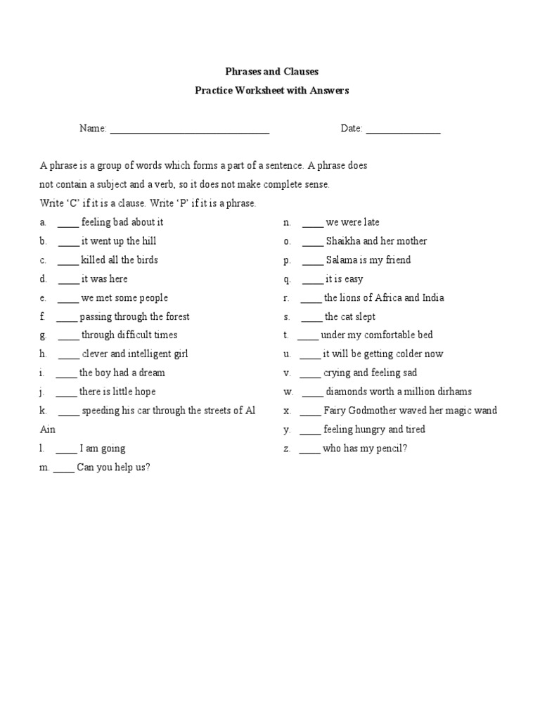 Phrases and Clauses Practice Worksheet | PDF