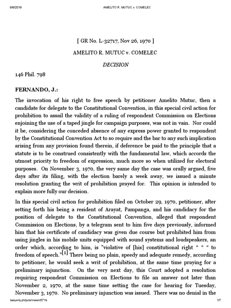 Amelito R. Mutuc v. Comelec - GR No. L-32717 | PDF | United States ...