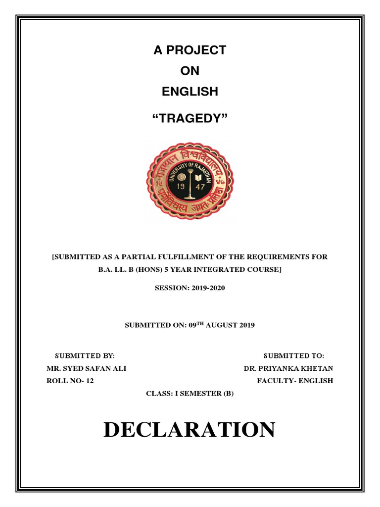 Declaration: A Project ON English "Tragedy" | PDF | Tragedy | Plot ...