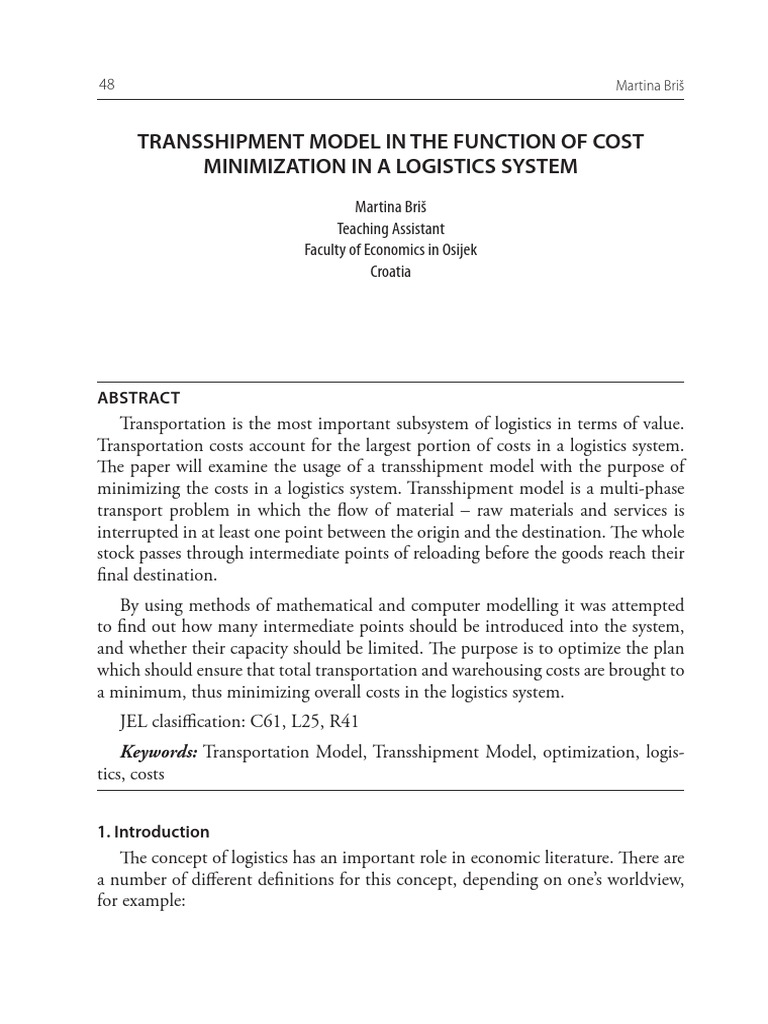 Transshipment Model in The Function of Cost Minimization in A Logistics System | PDF | Logistics ...