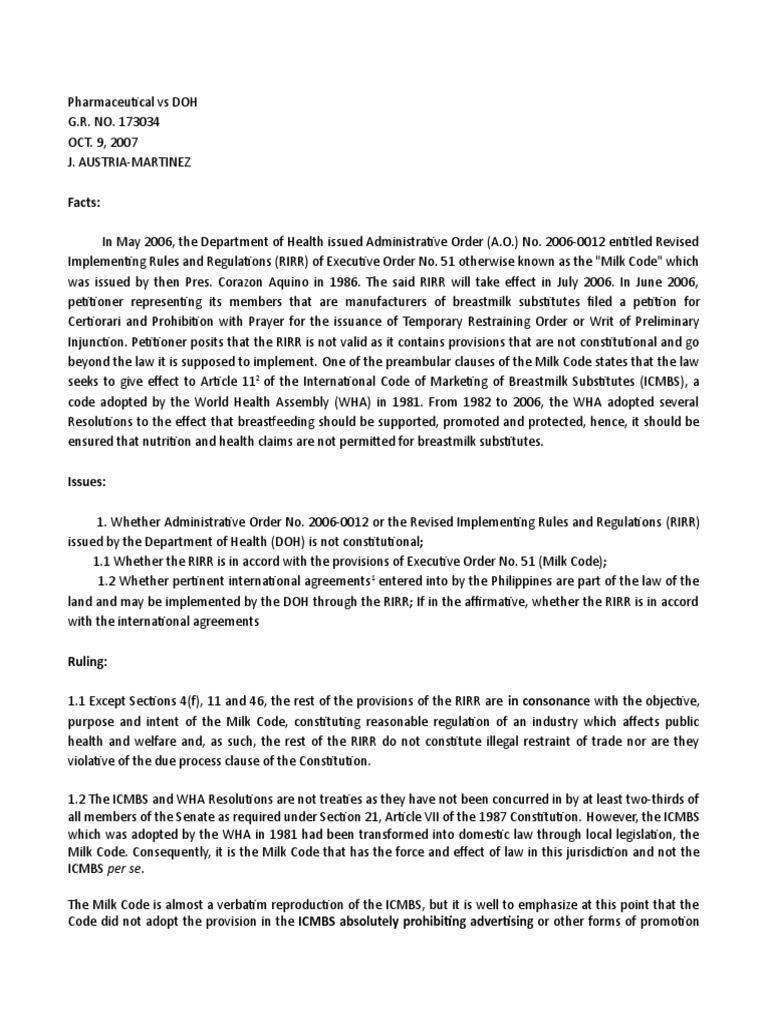 Pharmaceutical V DOH Digest | PDF | International Law | Constitution