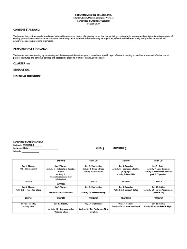 Content Standard:: Edenton Mission College, Inc. Learning Plan in ...