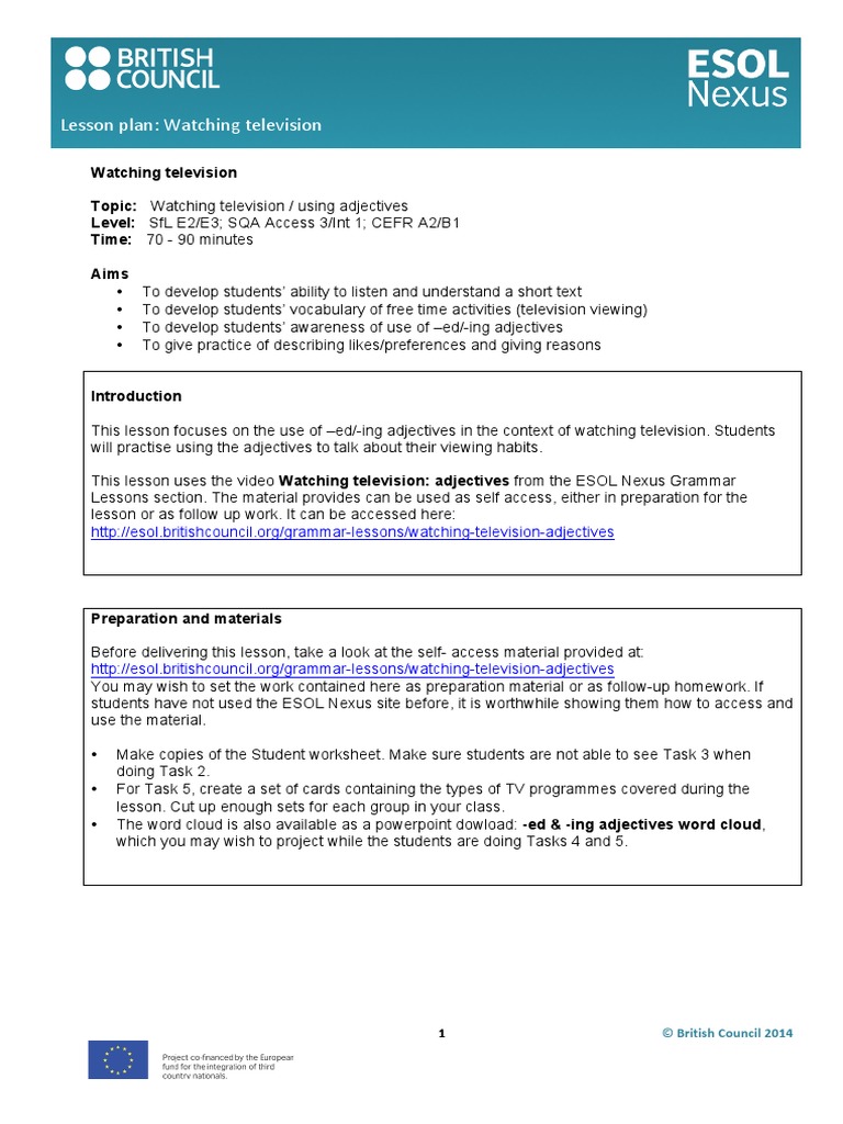 Lesson Plan: Watching Television | PDF | Question | Adjective