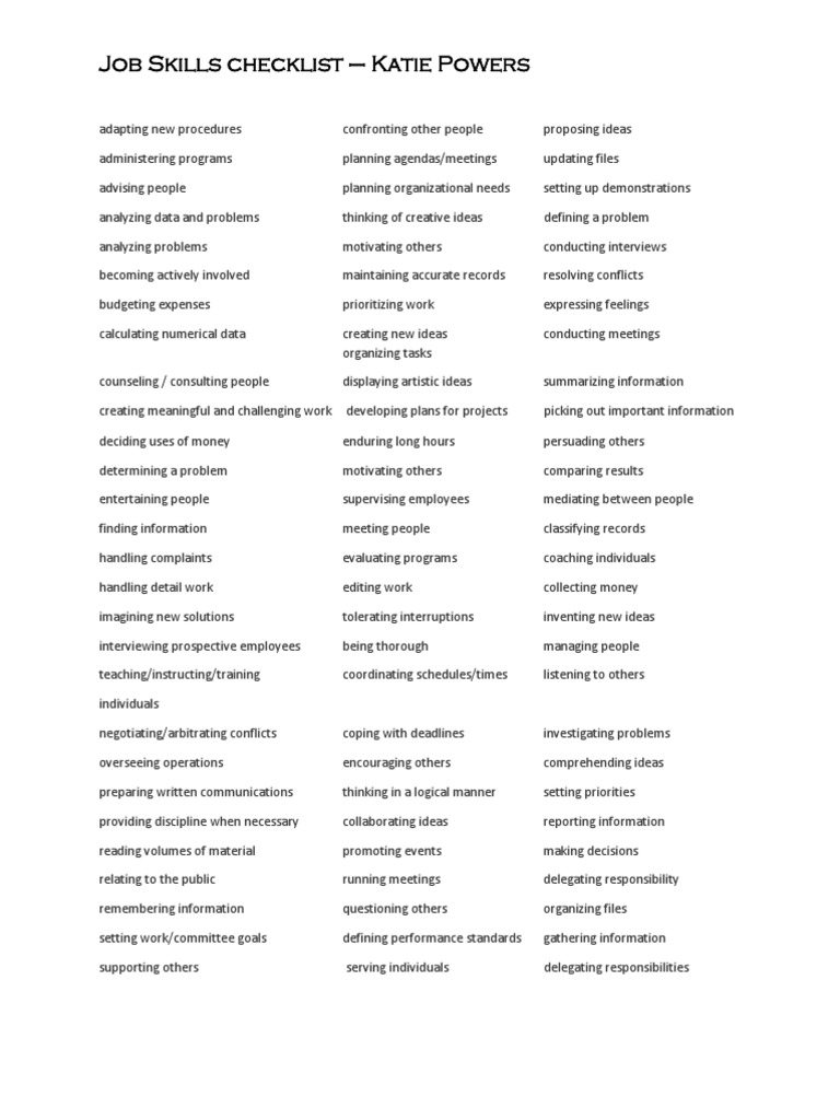 Comprehensive Job Skills Checklist | PDF | Negotiation | Brainstorming
