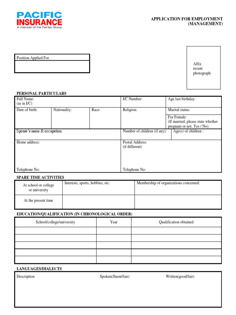 Application Form (Management) | PDF | Bankruptcy | Employment