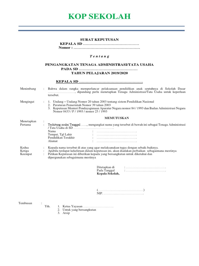 Contoh SK Tenaga Tata Usaha SD 2019-2020 | PDF