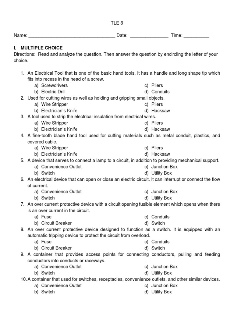 I. Multiple Choice | PDF | Switch | Fuse (Electrical)