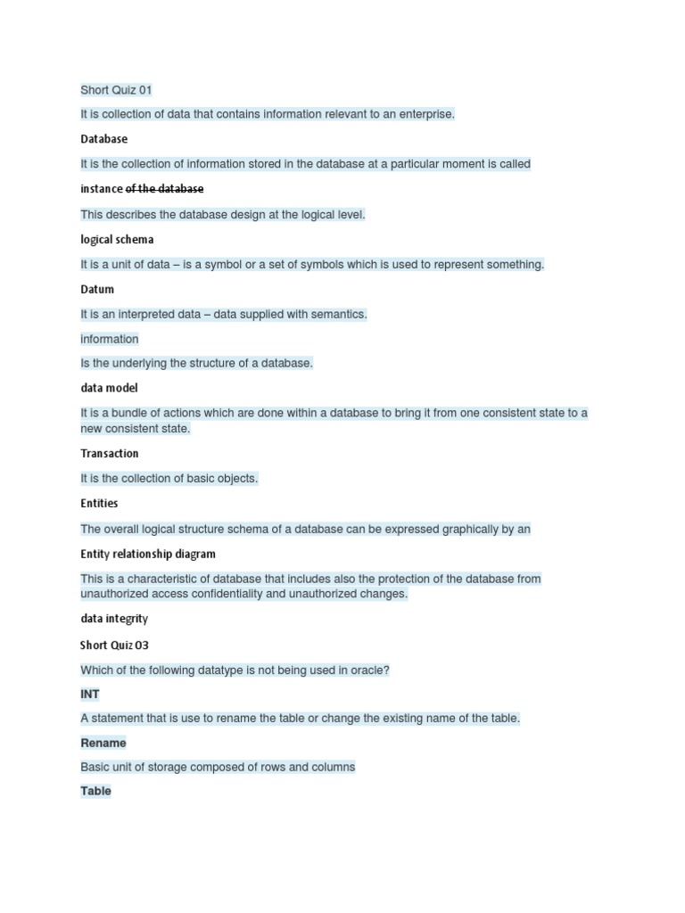 Answer Key Download Free Pdf Database Design Databases