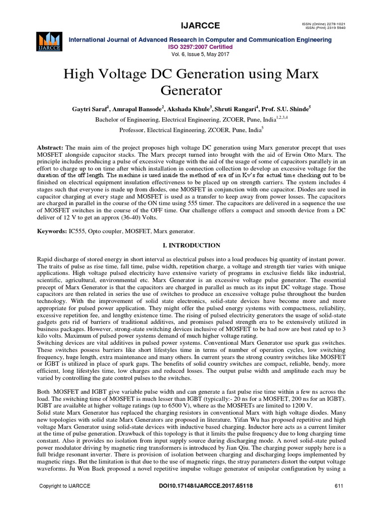High Voltage DC Generation Using Marx Generator: Ijarcce | PDF ...