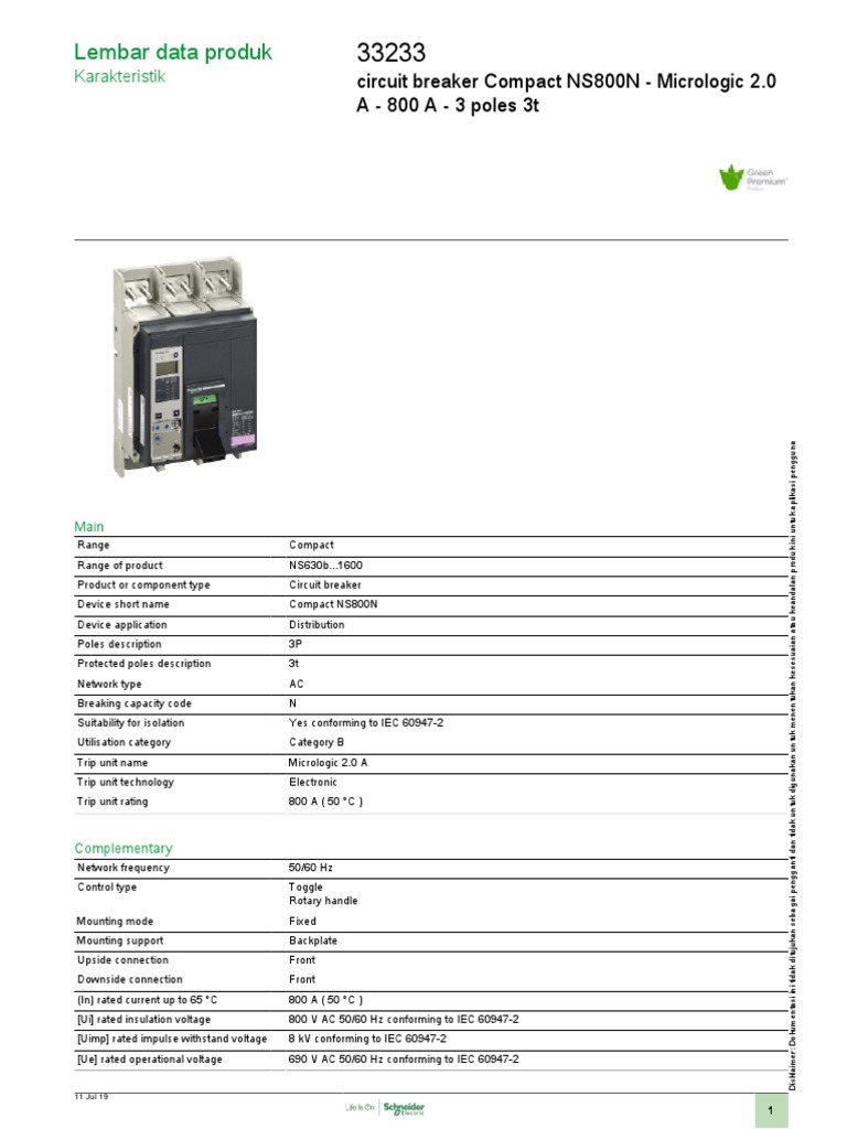 Lembar Data Produk: Circuit Breaker Compact NS800N - Micrologic 2.0 A ...
