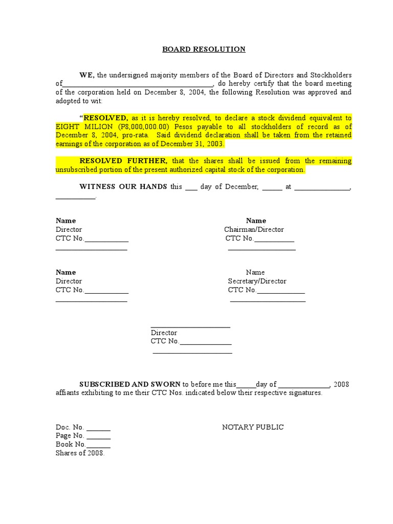 Board Resolution Sample | PDF | Board Of Directors | Companies