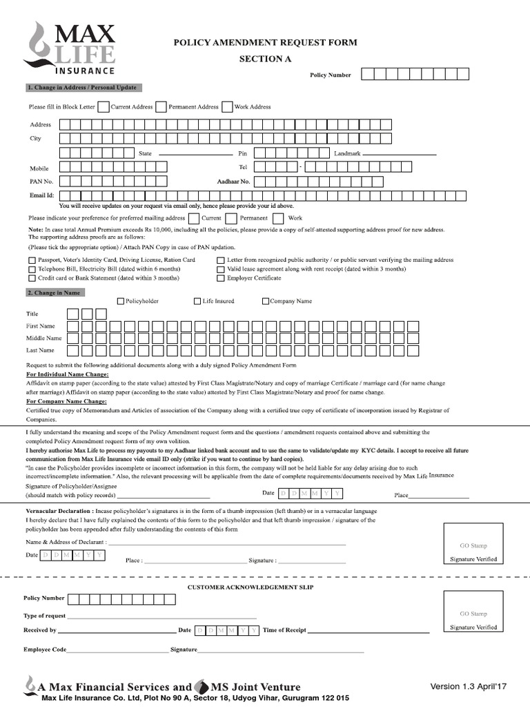 Policy Amendment Form | PDF | Official Documents | Government Of India