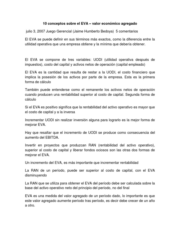 10 Conceptos Sobre El EVA - Valor Económico Agregado | PDF | Capital de ...