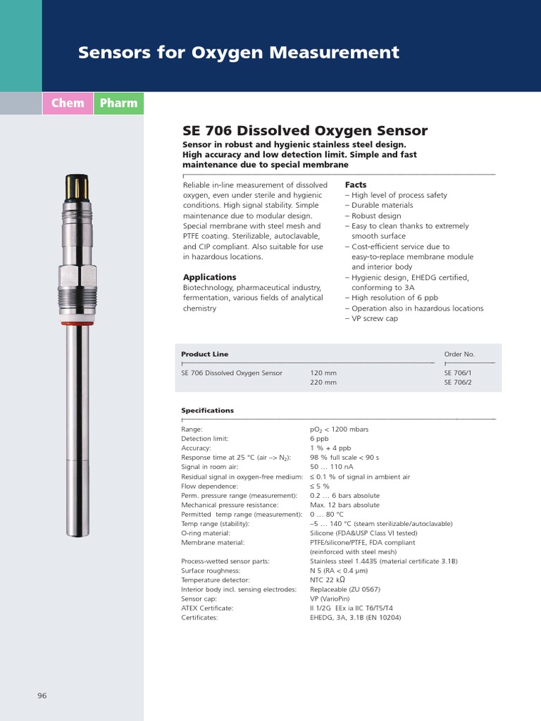 Sensors For Oxygen Measurement: SE 706 Dissolved Oxygen Sensor | PDF ...