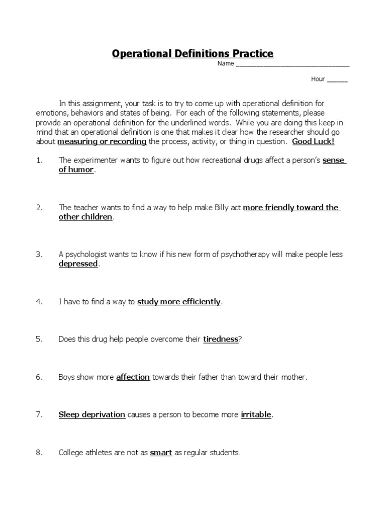 Operational Definitions Worksheet | PDF
