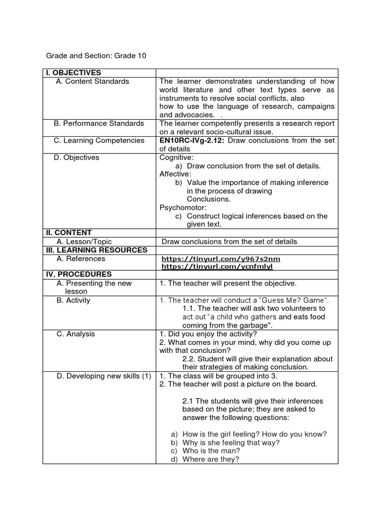 Lesson Plan For Drawing Conclusion | PDF | Inference | Learning