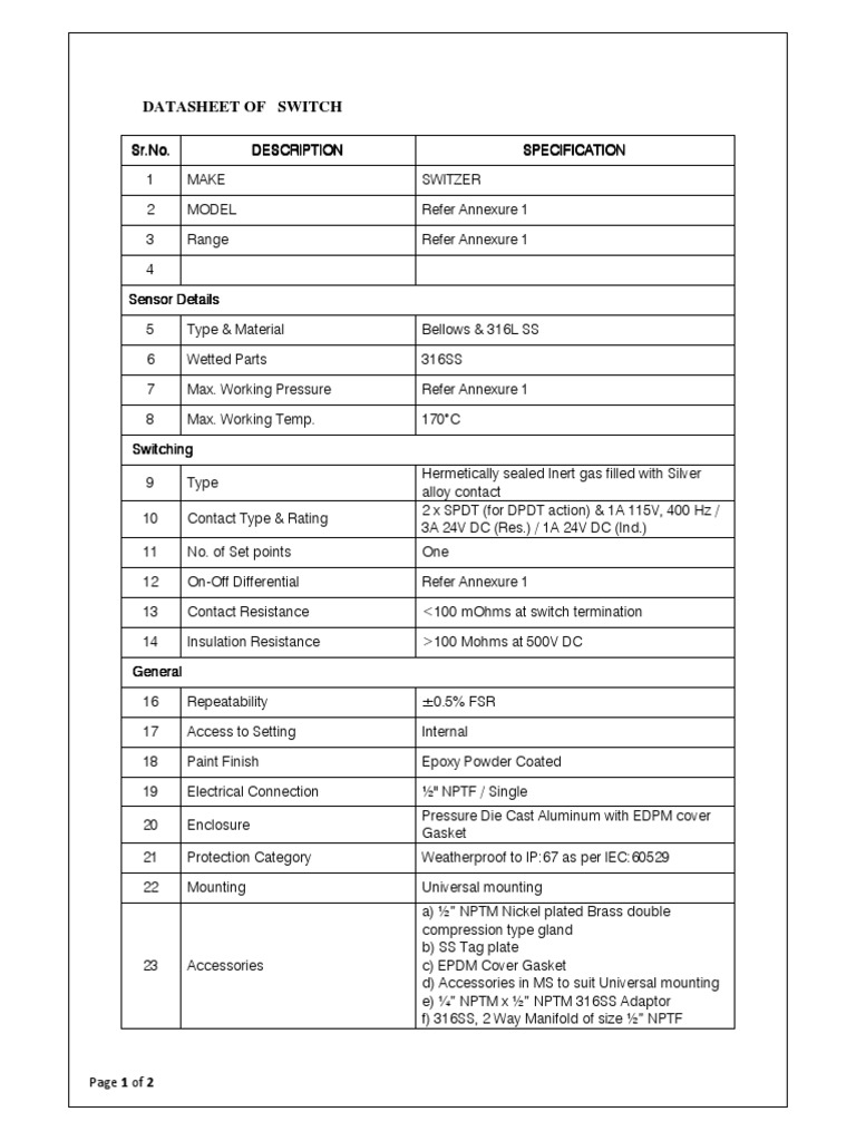 Data Sheet of Switch | PDF | Switch | Manufactured Goods
