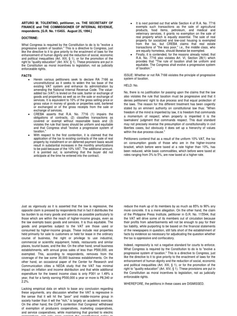 RA 7166 VAT Constitutional Despite Claims of Regressivity | PDF | Value ...