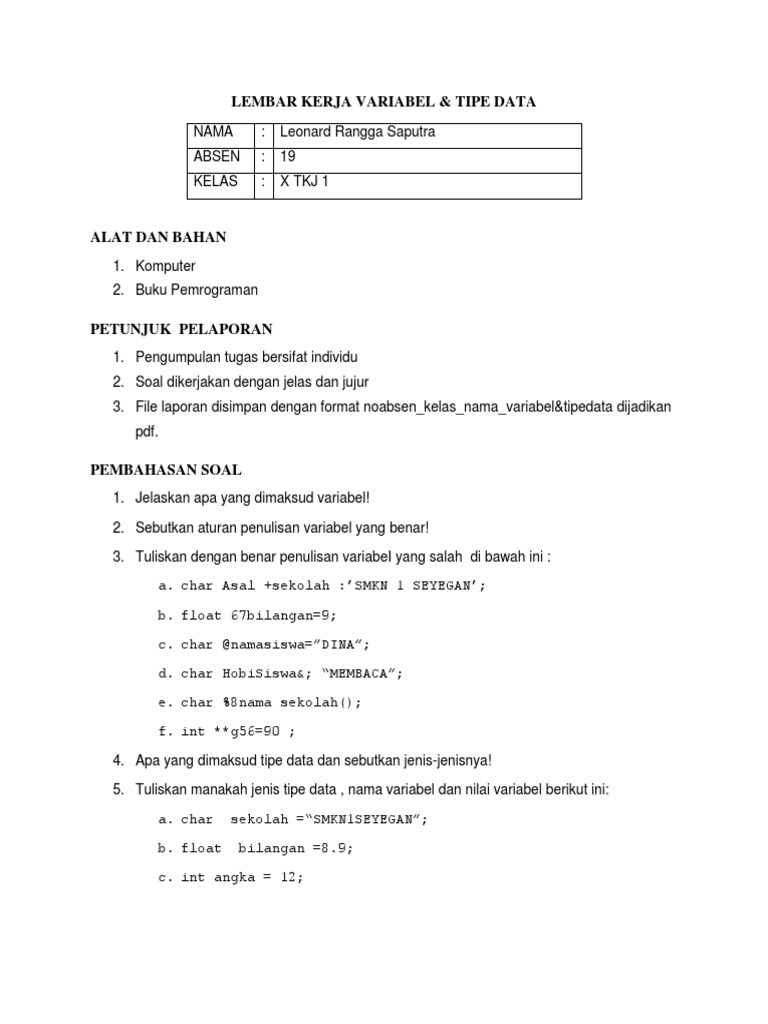 Variabel Tipe Data | PDF | Karier & Perkembangan | Metode & Bahan Ajar