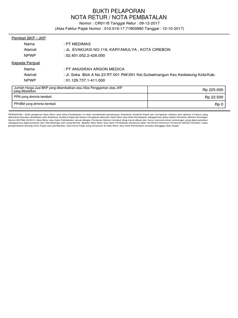 Bukti Pelaporan Nota Retur / Nota Pembatalan | PDF