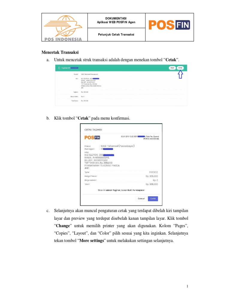 Petunjuk Cetak Struk PosFin | PDF