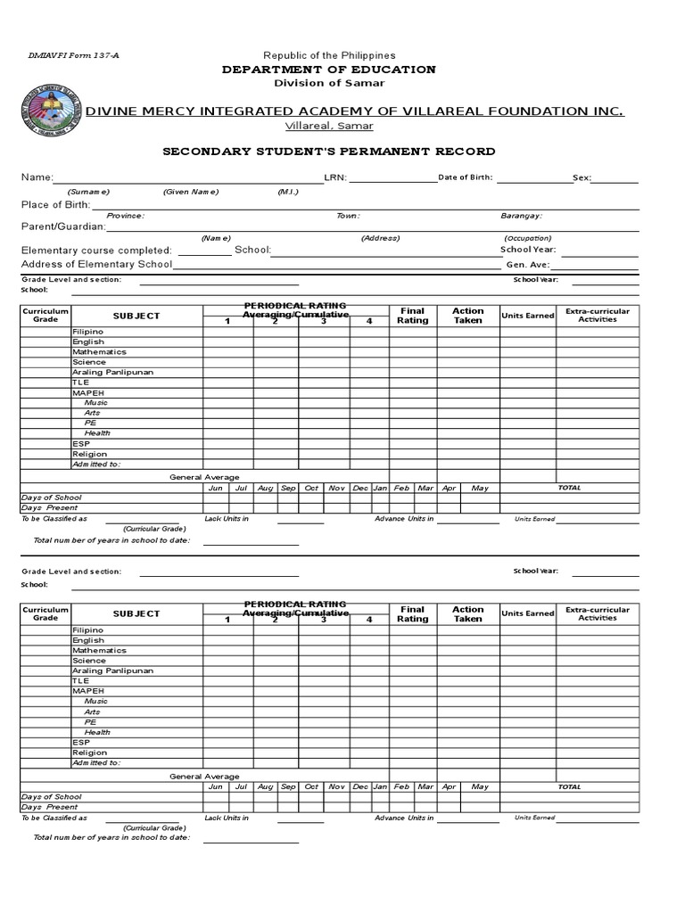 Form137 Blank | PDF | Curriculum | Behavior Modification