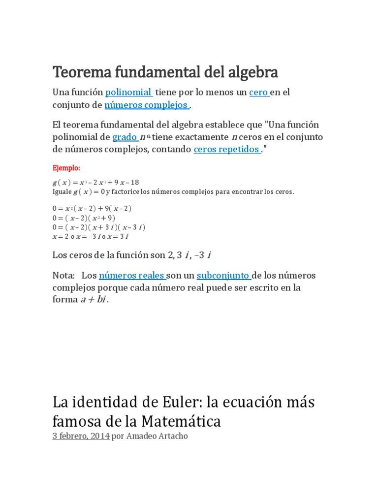 Teorema Fundamental Del Algebra | PDF | Número complejo | Leonhard Euler