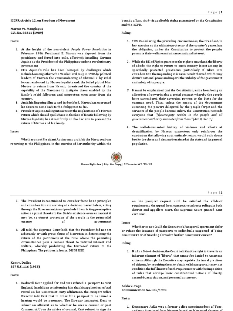 ICCPR Article 12, On Freedom of Movement Marcos vs. Manglapus G.R. No ...