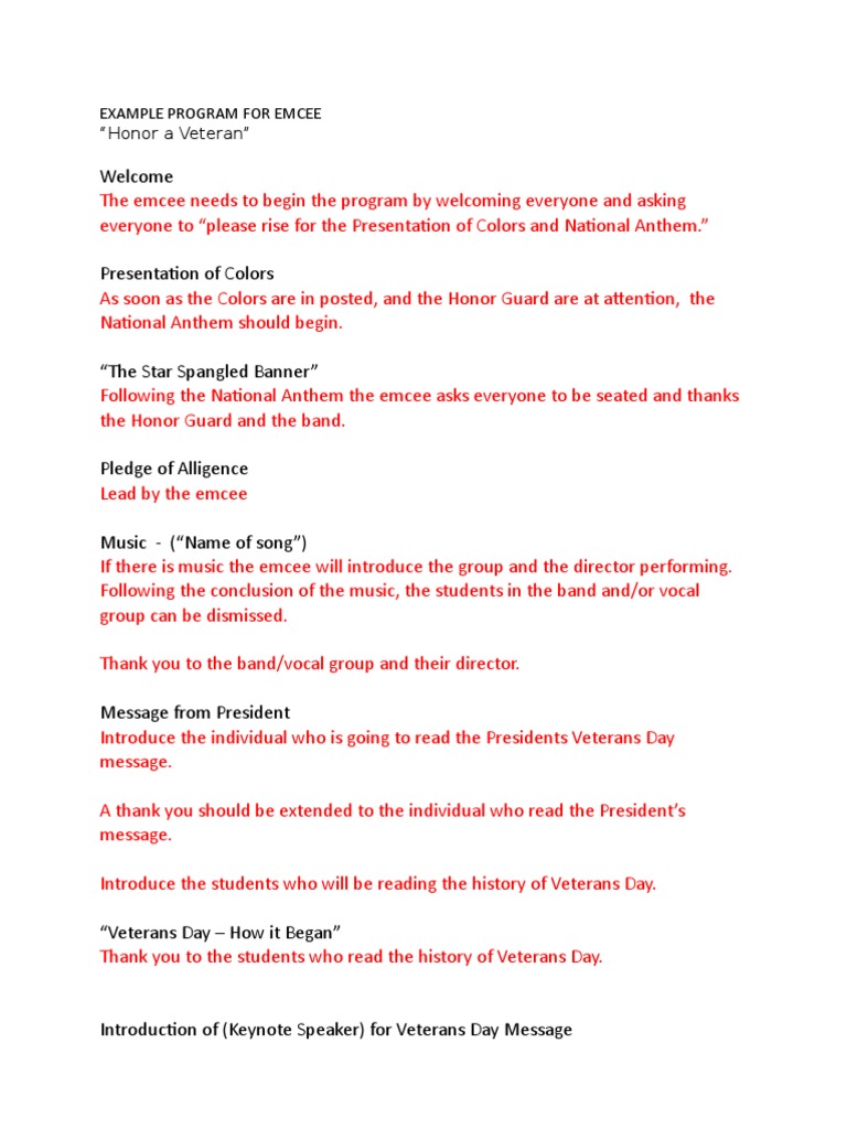 Welcome: Example Program For Emcee "Honor A Veteran" | PDF | The Star ...