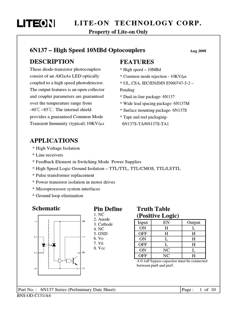 High Speed 10MBd Optocouplers Datasheet: 6N137 Series from Lite-On ...