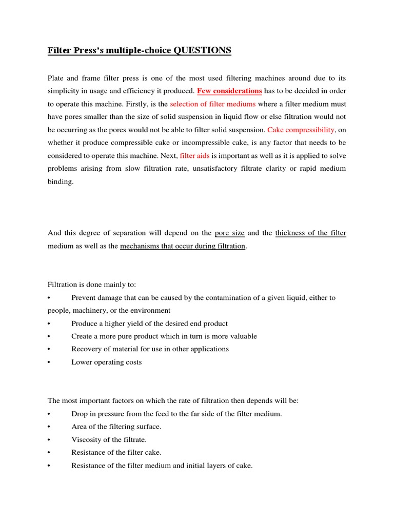 Filter Press Questions | PDF | Filtration | Chemical Engineering