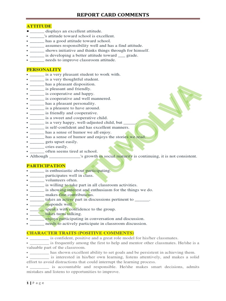 Report Card Comments: Attitude | PDF | Homework | Conversation