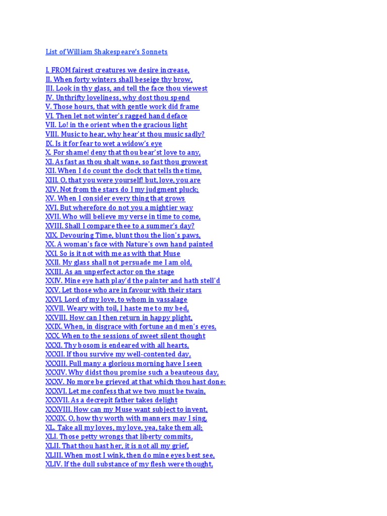 List of William Shakespeare's Sonnets | PDF