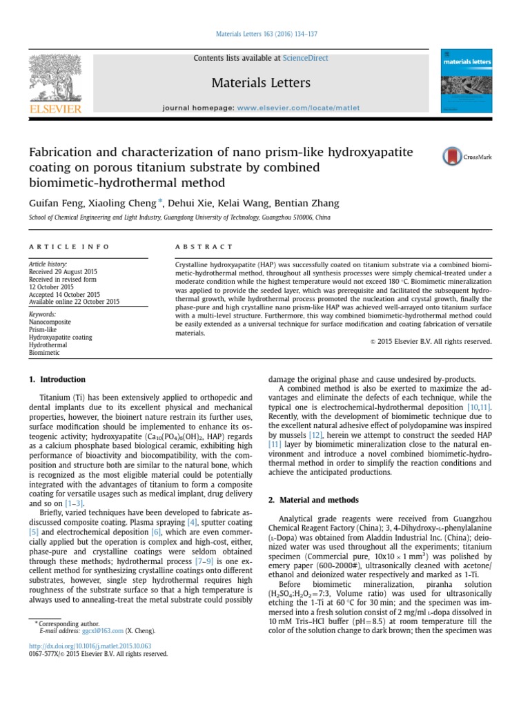 Materials Letters: Guifan Feng, Xiaoling Cheng, Dehui Xie, Kelai Wang ...