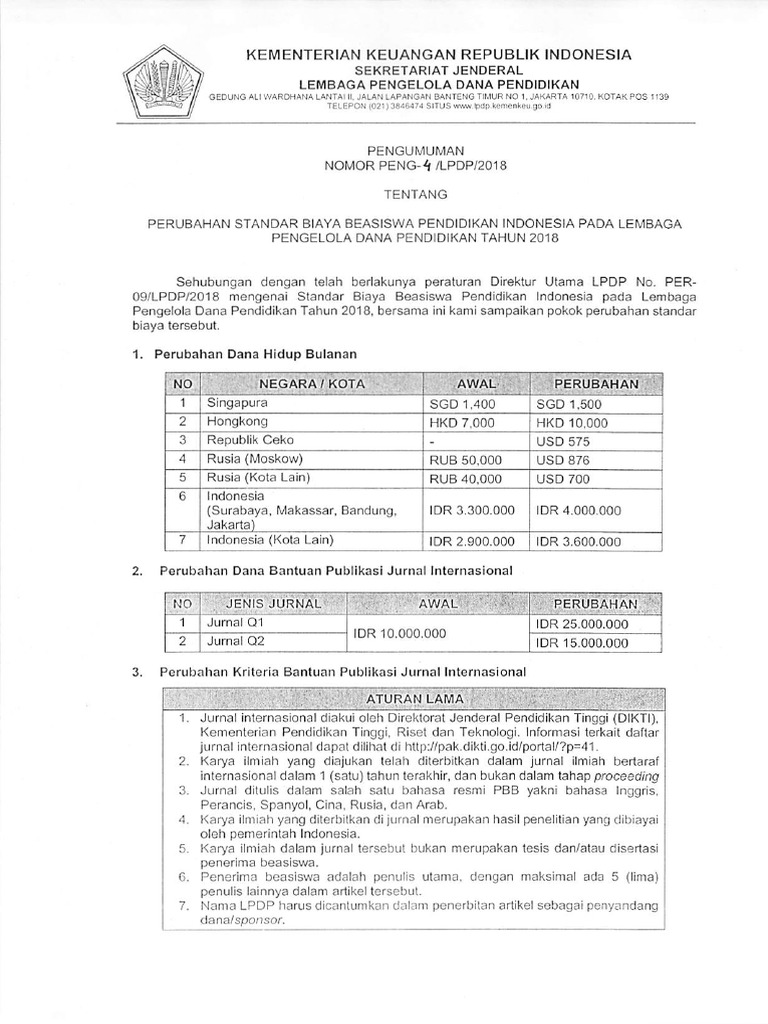 PENG-4 LPDP 2018 Perubahan Standar Biaya BPI LPDP Tahun 2018 - 1 | PDF
