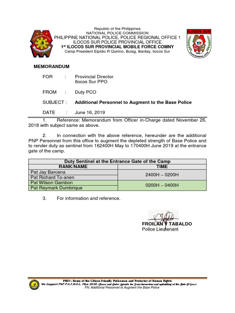 Memorandum: Philippine National Police, Police Regional Office 1 Ilocos ...