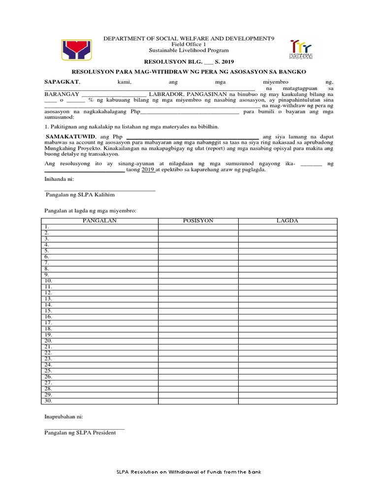 Resolution On Withdrawal of Funds | PDF